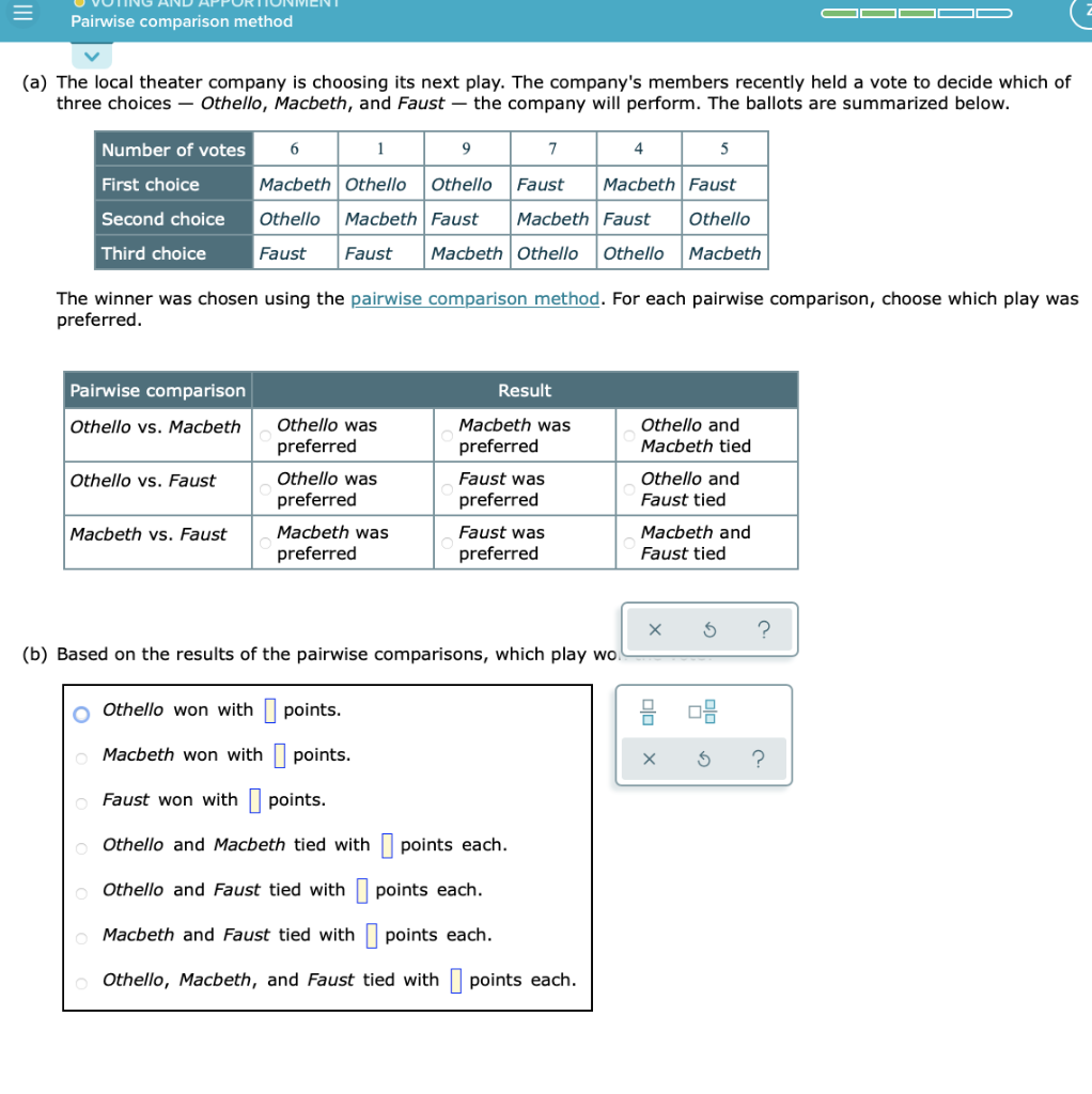 Solved = Pairwise comparison method (a) The local theater | Chegg.com
