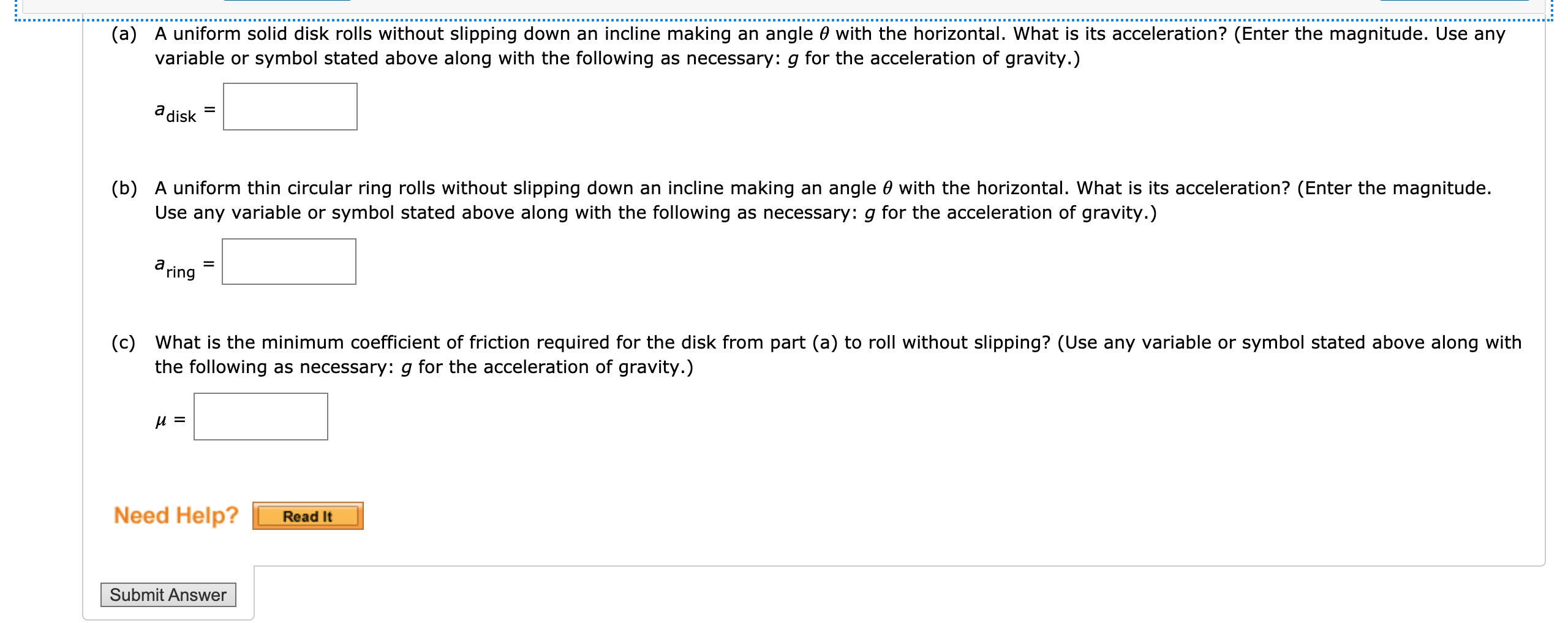Solved (a) A uniform solid disk rolls without slipping down | Chegg.com