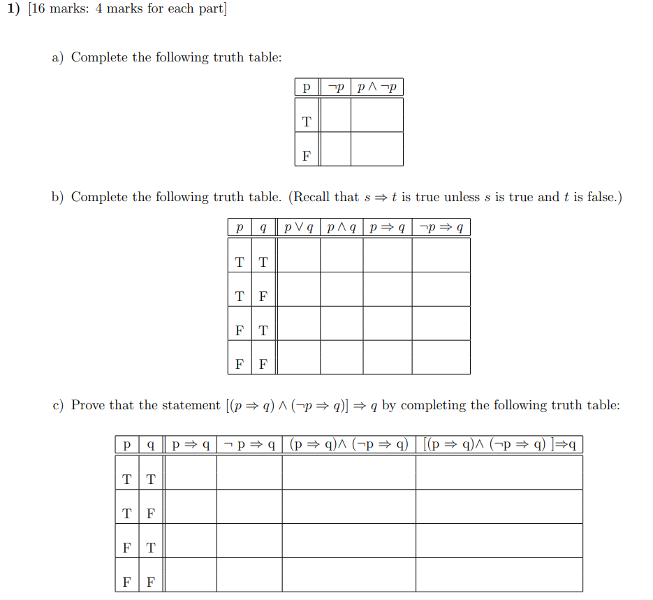1) [16 marks: 4 marks for each part] a) Complete the | Chegg.com