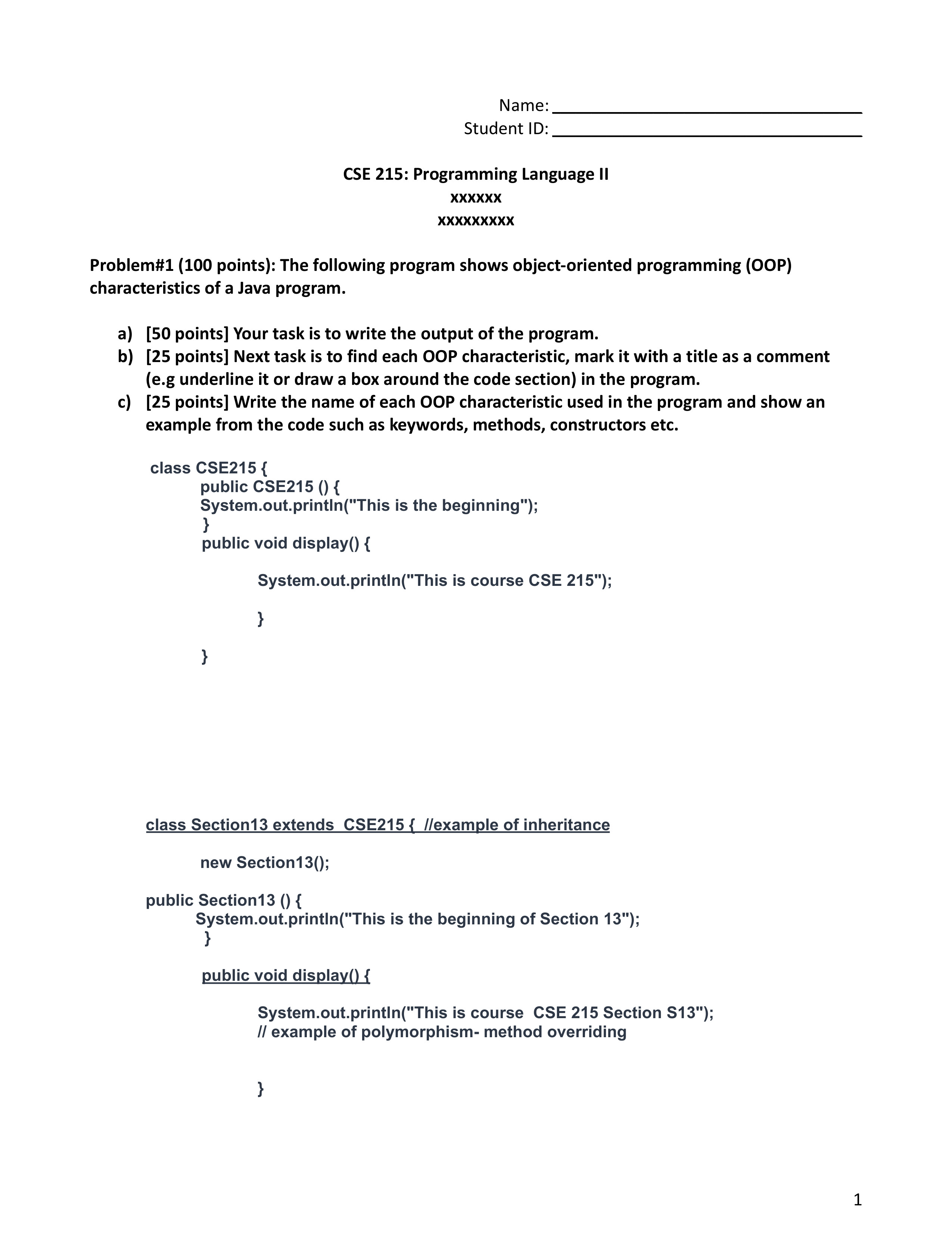 Name: Student ID: CSE 215: Programming Language II | Chegg.com
