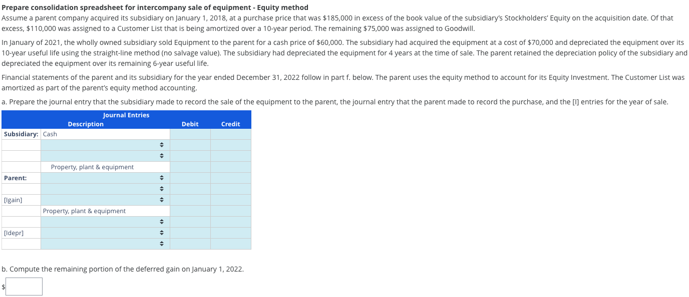 Solved Prepare consolidation spreadsheet for intercompany | Chegg.com