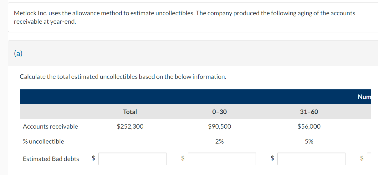 Solved Metlock Inc. uses the allowance method to estimate | Chegg.com Solved Metlock Inc. uses the allowance method to estimate | Chegg.com
