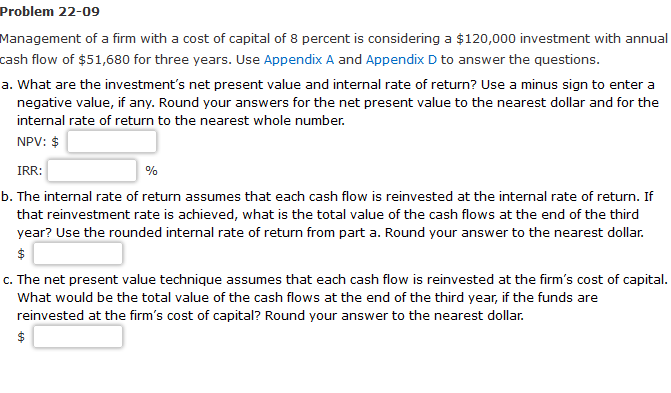 Solved Problem 22-09 Management of a firm with a cost of | Chegg.com