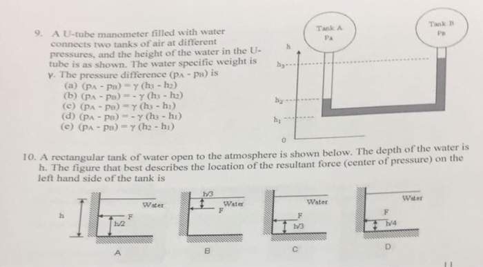 Solved Tank A 9. A U-tube manometer filled with water | Chegg.com