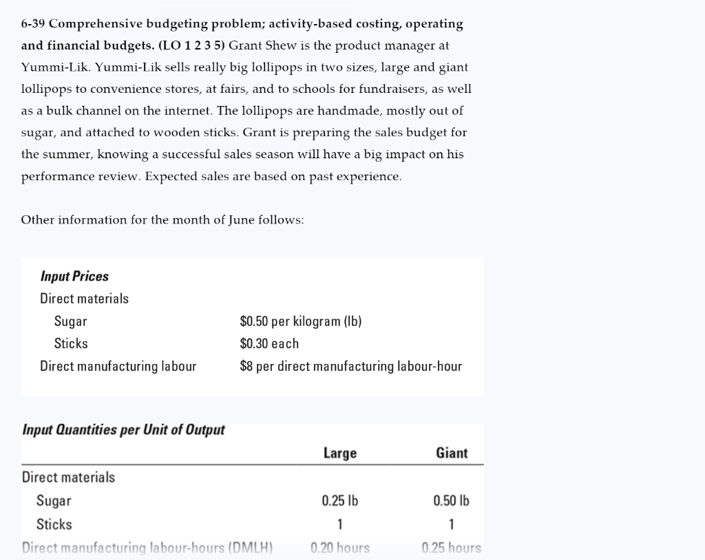 6-39 Comprehensive budgeting problem; activity-based | Chegg.com
