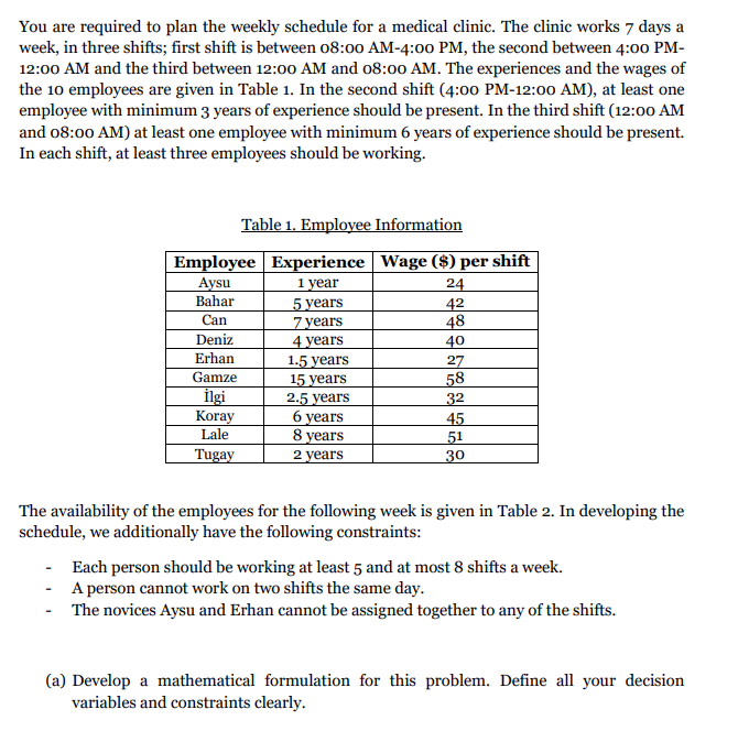 You are required to plan the weekly schedule for a | Chegg.com