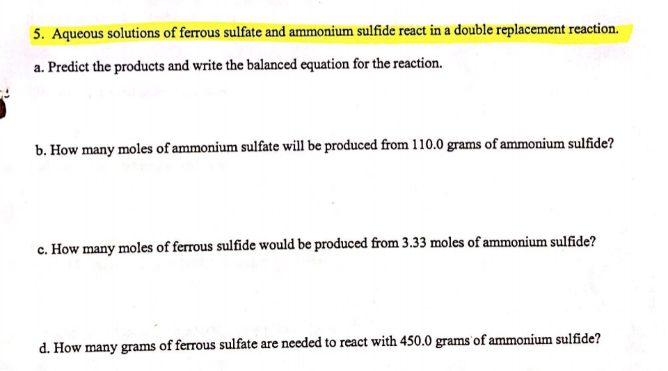 Solved 5. Aqueous solutions of ferrous sulfate and ammonium | Chegg.com