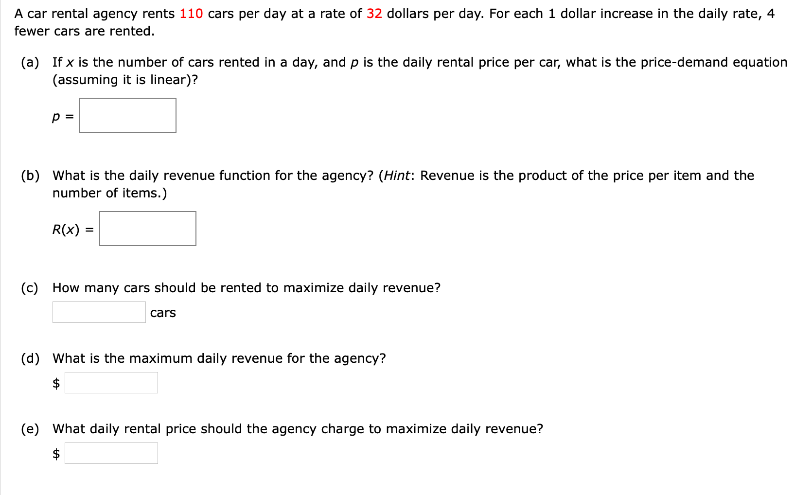 Solved A car rental agency rents 110 cars per day at a rate | Chegg.com