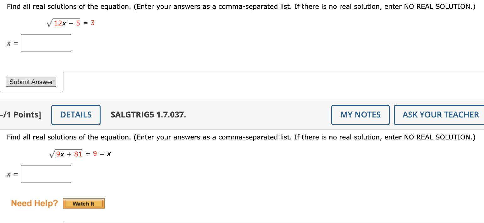 Solved 12x−5=3 x= -/1 Points] SALGTRIG5 1.7.037. Find all | Chegg.com