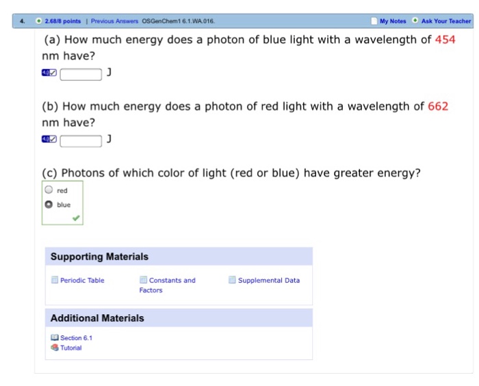 Solved How much energy does a photon of blue light with a | Chegg.com
