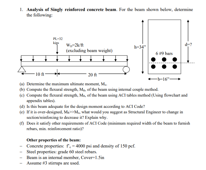 Solved 1. Analysis of Singly reinforced concrete beam. For | Chegg.com