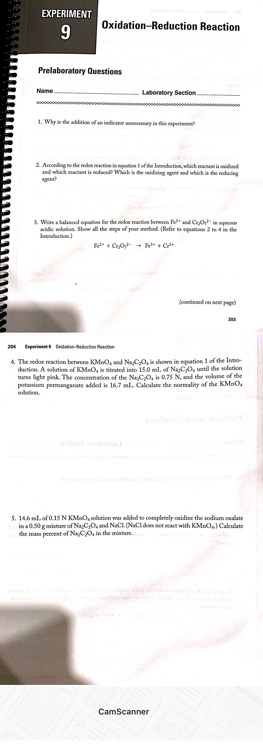 Solved EXPERIMENT Oxidation-Reduction Reaction 9 | Chegg.com