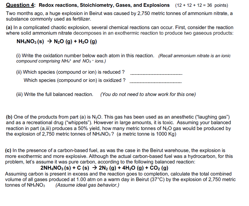 Solved Question 4: Redox reactions, Stoichiometry, Gases, | Chegg.com