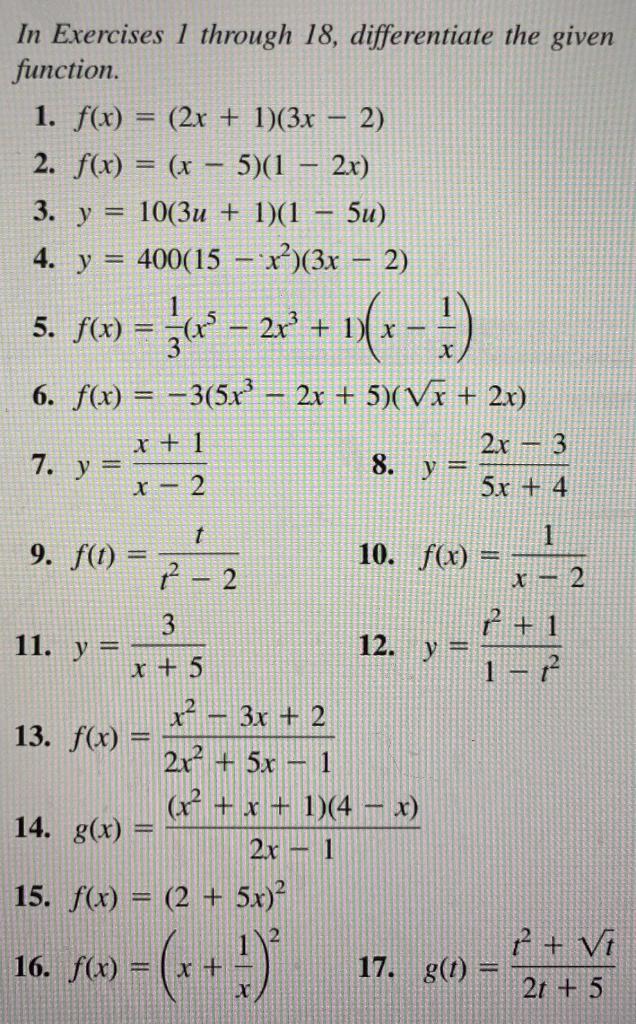 Solved In Exercises 1 through 18, differentiate the given | Chegg.com