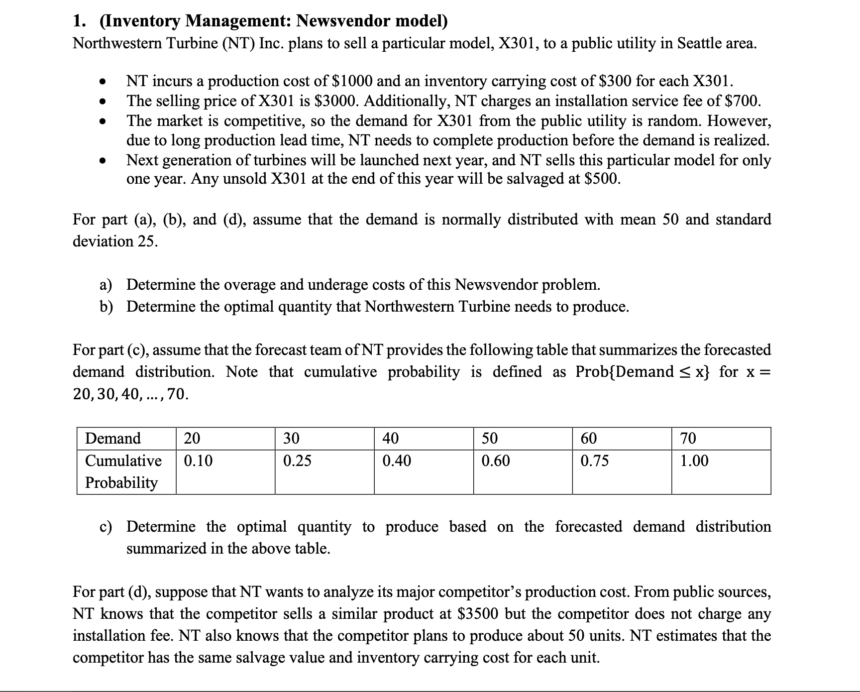 Solved (Inventory Management: Newsvendor model)Northwestern | Chegg.com