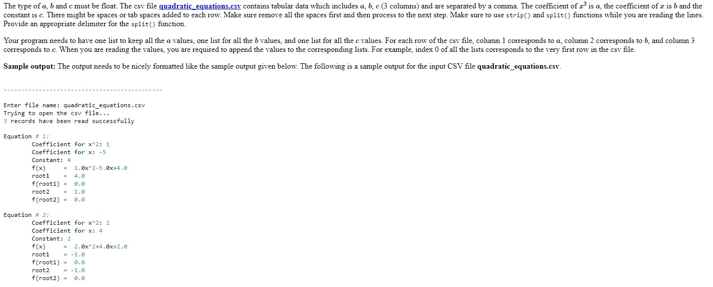 Solved USING PYTHON TO WRITE IT. quadratic_equation.csv (FOR | Chegg.com
