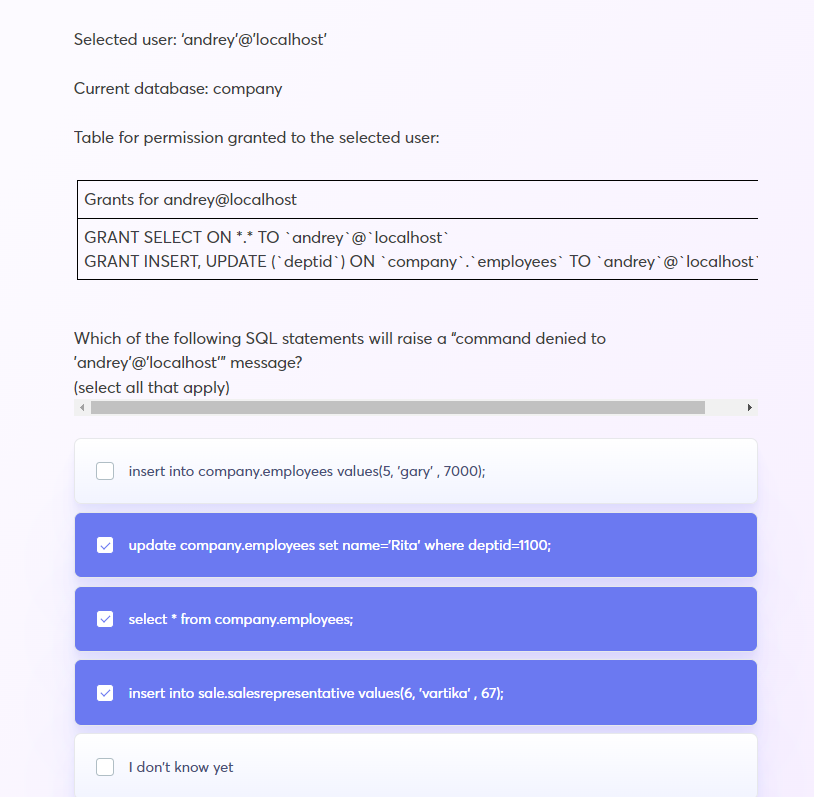 Solved Selected user: 'andrey'@'localhost' Current database: | Chegg.com