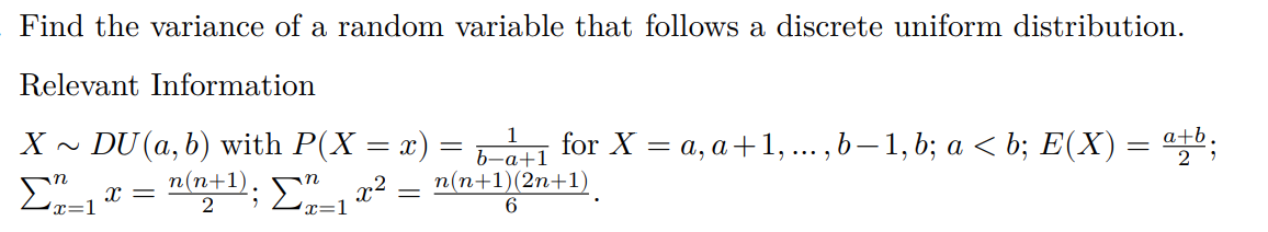 Solved Find the variance of a random variable that follows a | Chegg.com