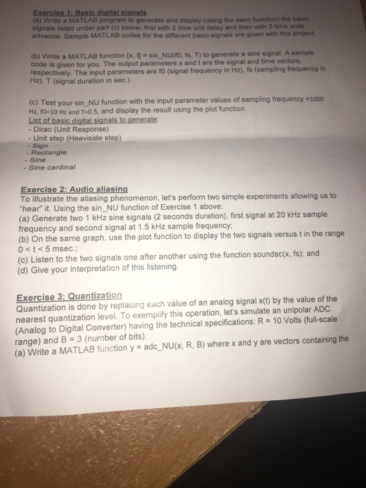 Solved Exercise 1: Basic disital signals (a) Write a MATLAB | Chegg.com