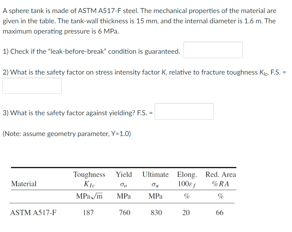 Solved A sphere tank is made of ASTM A517-F steel. The | Chegg.com