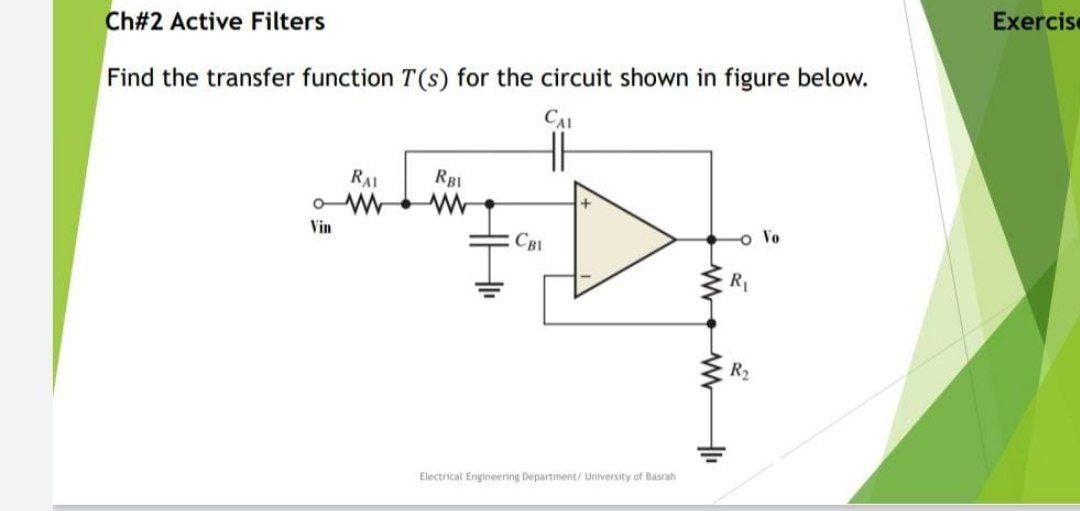 Solved Ch#2 Active Filters Exercise Find the transfer | Chegg.com