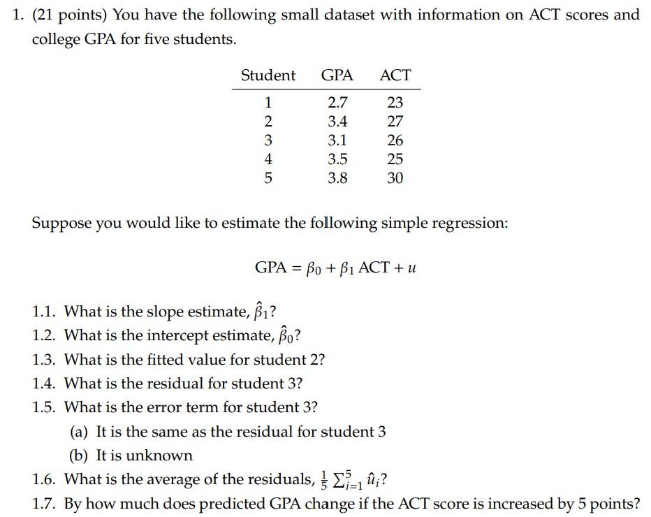 Solved 1. (21 points) You have the following small dataset | Chegg.com