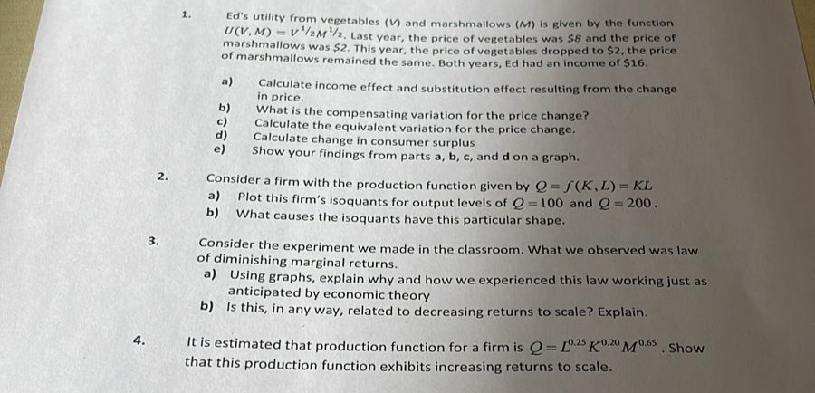 Solved Ed's utility from vegetables (V) ﻿and marshmallows | Chegg.com