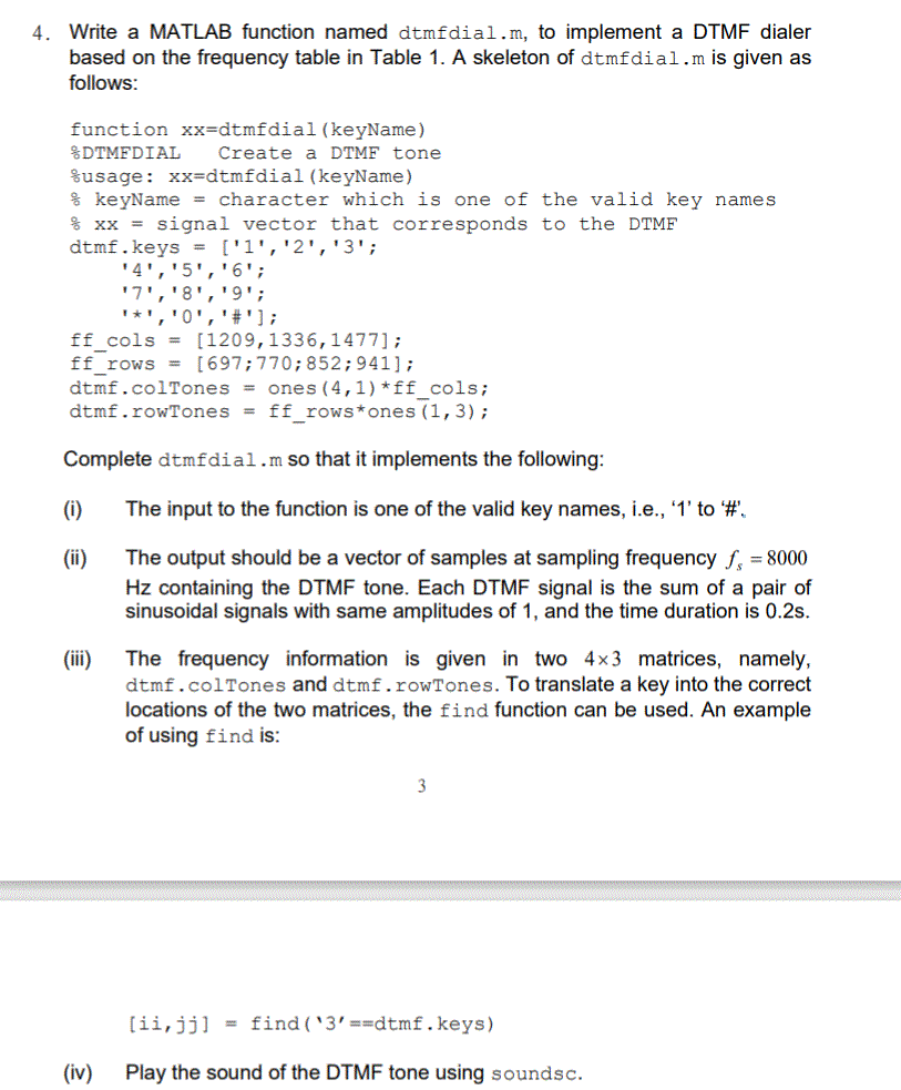Solved 4. Write a MATLAB function named dtmfdial.m, to | Chegg.com