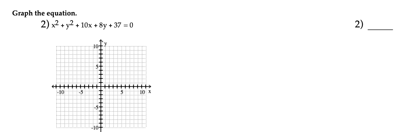 Solved Graph the equation. 2) x2 + y2 + 10x + 8y + 37 = 0 2) | Chegg.com