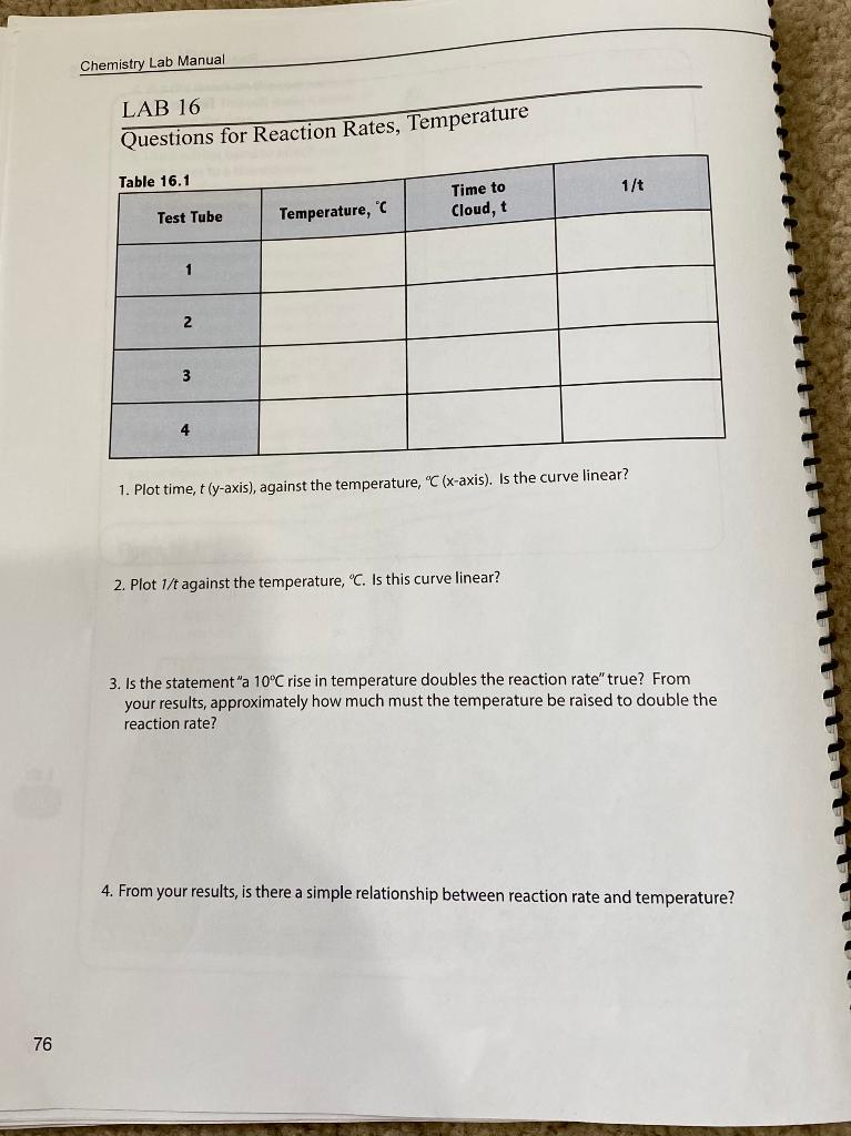 Reaction Rates, Temperature LAB 16: REACTION RATES, | Chegg.com