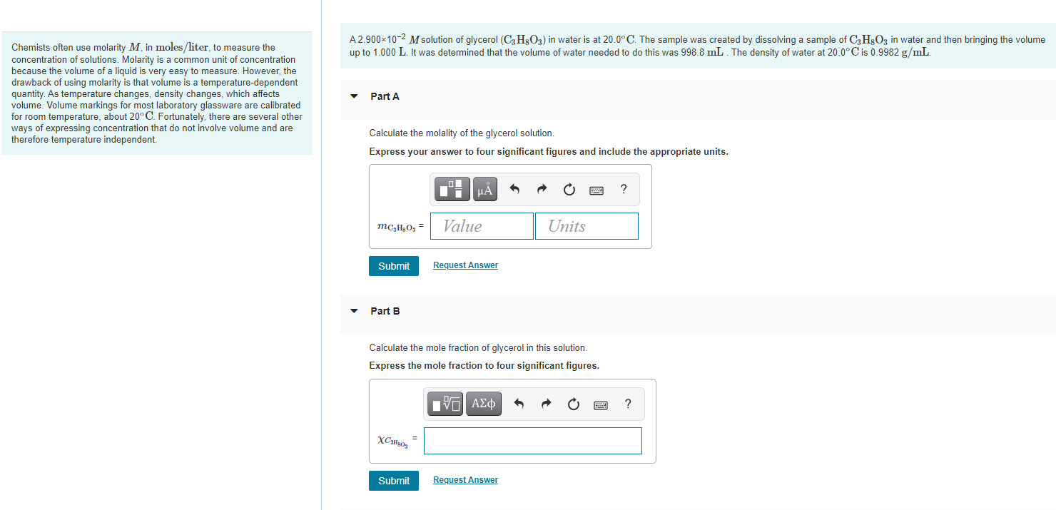 Solved A 2.900*10-2 M solution of glycerol (CH3O3) in water | Chegg.com