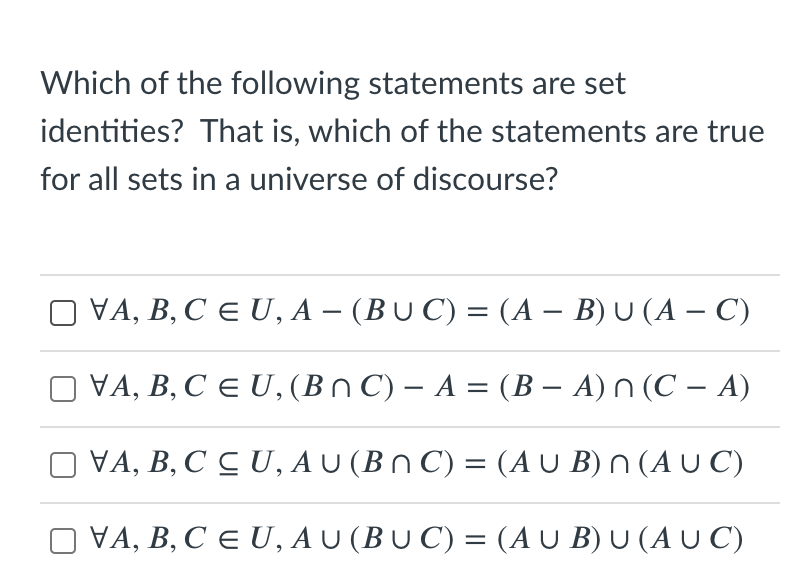 Solved Which of the following statements are set identities? | Chegg.com