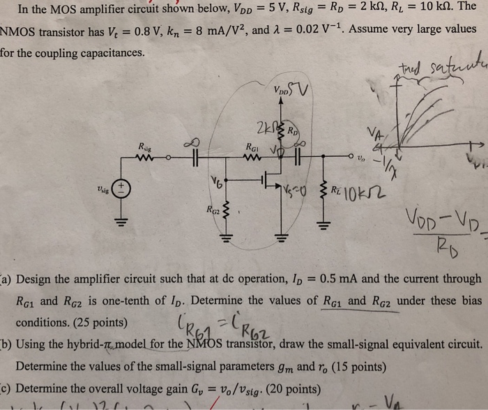 Solved In the MOS amplifier circuit shown below, V_DD = 5 V, | Chegg.com