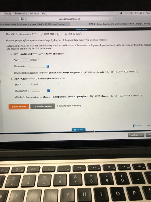 Solved The delta G percent for the reaction ATP + H2O —-> | Chegg.com
