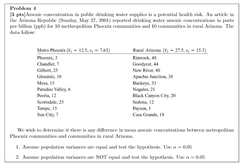 Solved [3 pts]Arsenic concentration in public drinking water | Chegg.com