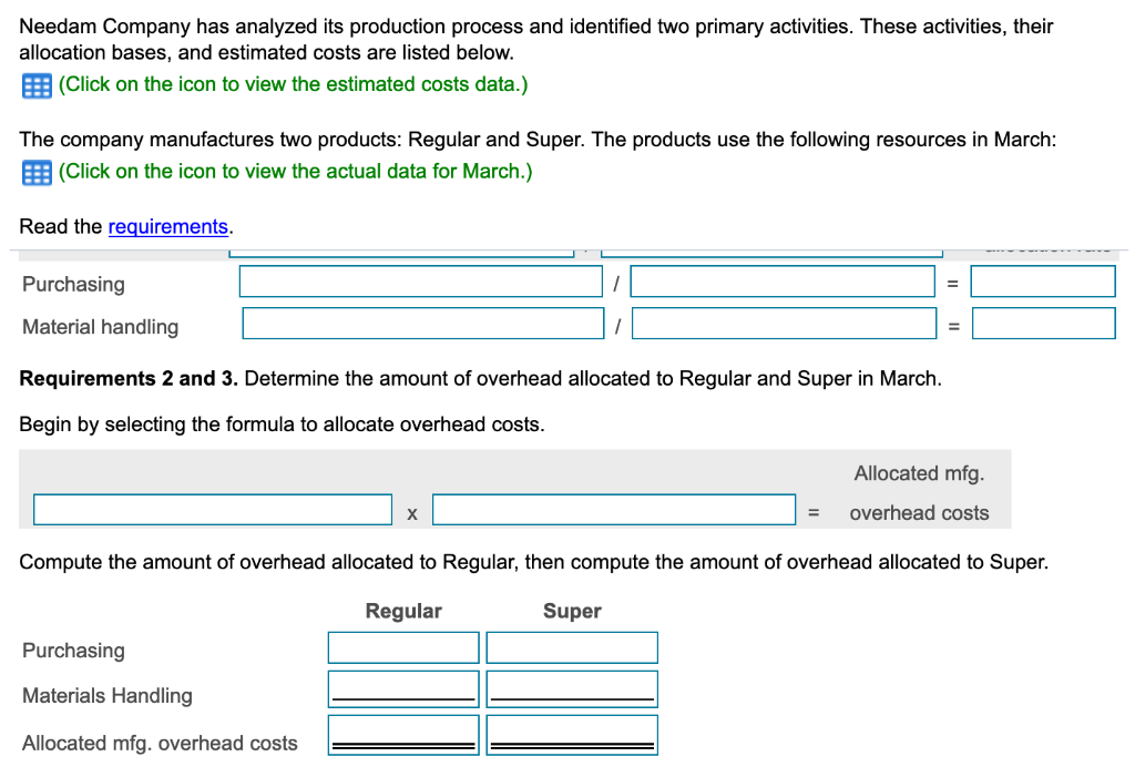 Solved Data Table Activity Allocation Base Estimated Costs | Chegg.com