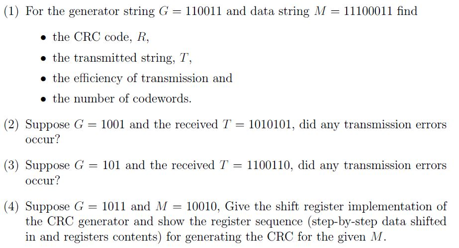 Solved (1) For the generator string G 110011 and data string | Chegg.com