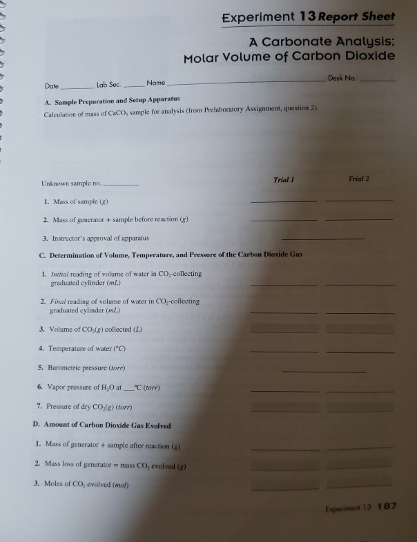 Experiment 13 Report Sheet A Carbonate Analysis: | Chegg.com