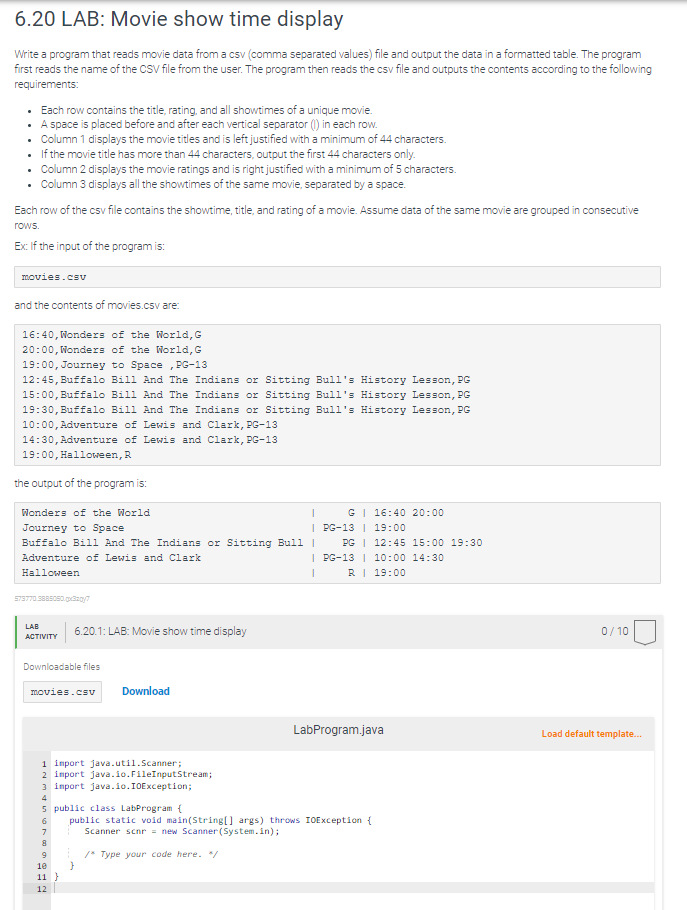Solved 6.20 ﻿LAB: Movie show time displayWrite a program | Chegg.com