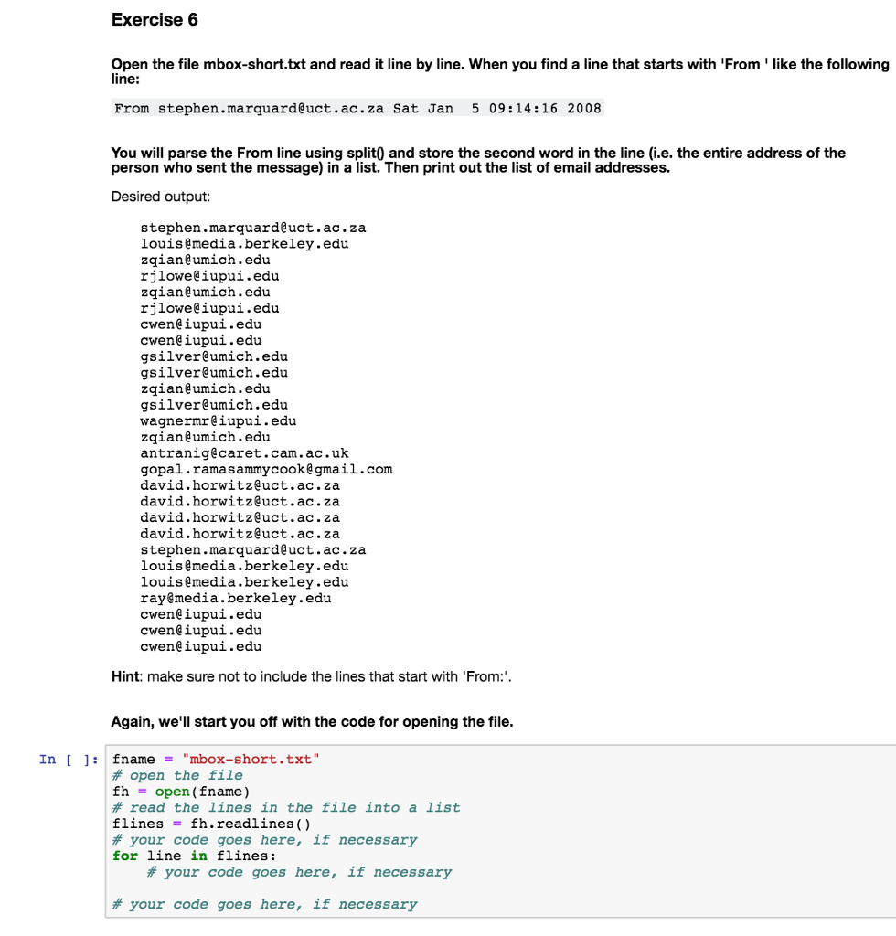 Solved Exercise 6 Open the file mbox-short.txt and read it | Chegg.com