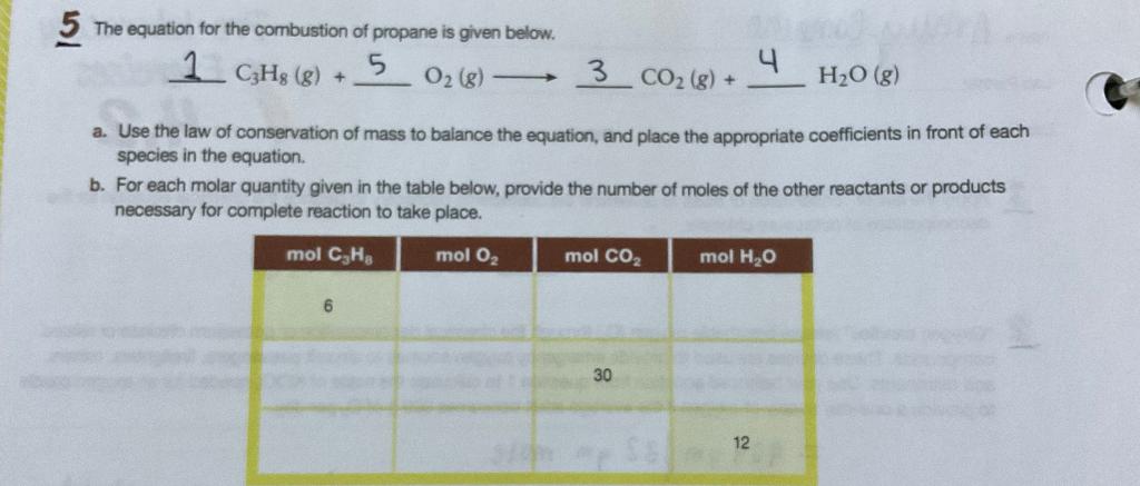 Solved 5 The equation for the combustion of propane is given | Chegg.com