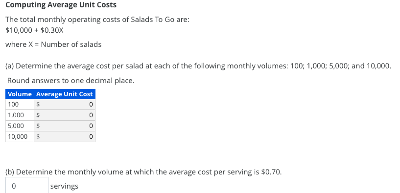Solved Computing Average Unit Costs The total monthly | Chegg.com