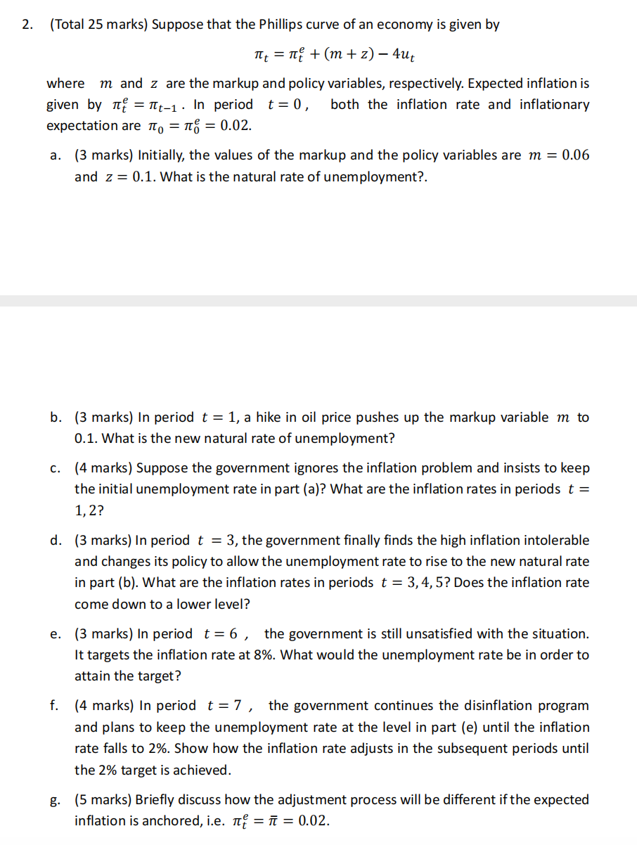 Solved (Total 25 marks) Suppose that the Phillips curve of | Chegg.com