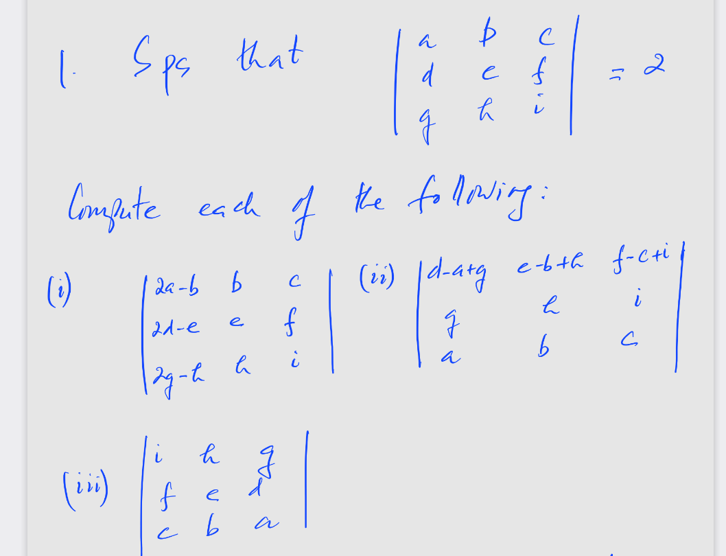 Solved 1. Sps that ∣∣adgbekcfi∣∣=2 Compute each of the | Chegg.com