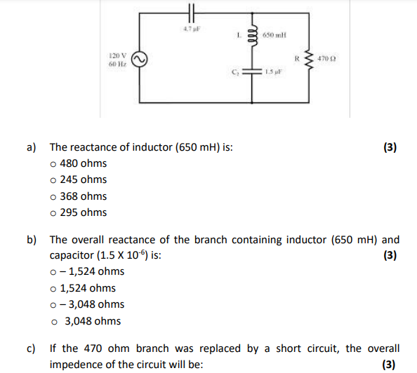 Solved a) The reactance of inductor \\( (650 \\mathrm{mH}) | Chegg.com