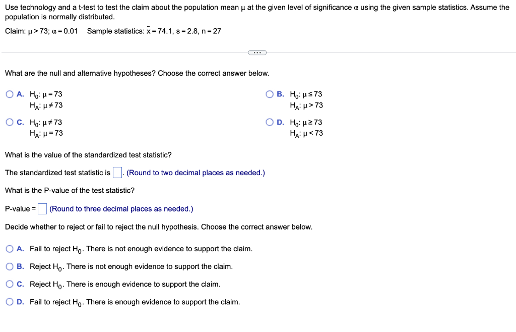 Solved Use technology and a t-test to test the claim about | Chegg.com