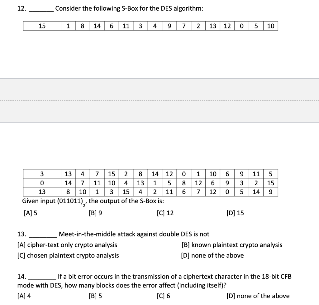 Solved 12. Consider the following S-Box for the DES | Chegg.com
