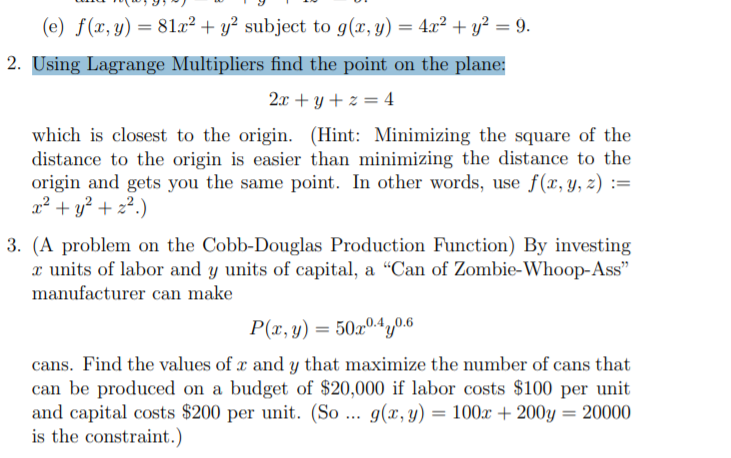 Solved U TO YOU (e) f(x, y) = 81x2 + y2 subject to g(x, y) = | Chegg.com
