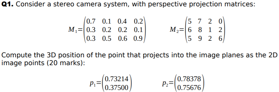 Q1. Consider a stereo camera system, with perspective | Chegg.com