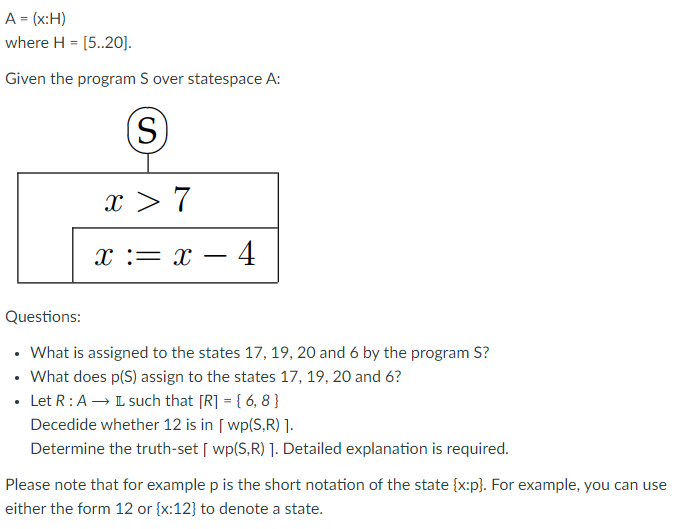 Solved A=(x:H) where H=[5..20]. Given the program S over | Chegg.com
